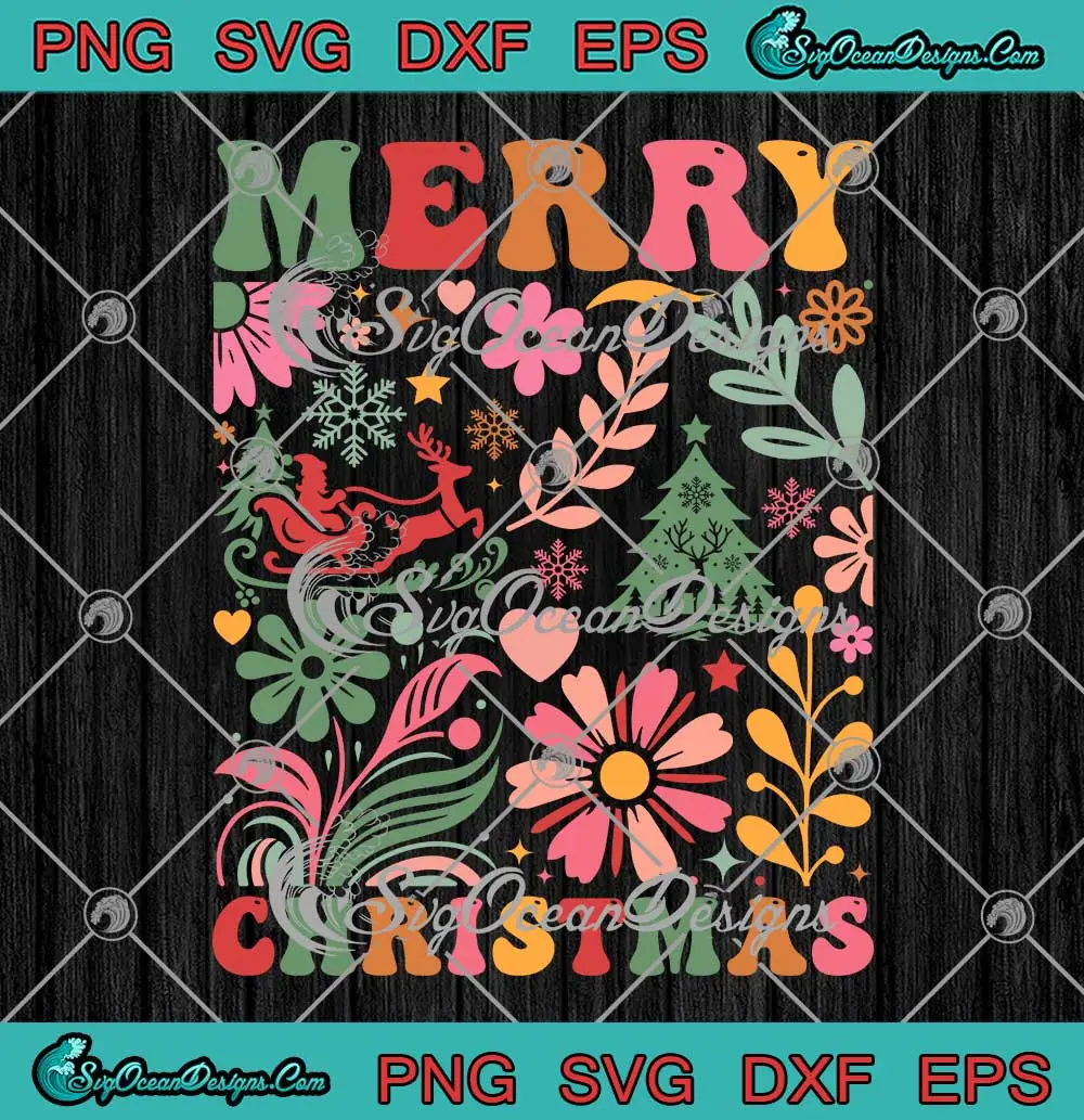Merry Christmas Boho Flowers SVG - Vintage Boho Xmas SVG PNG, Cricut File